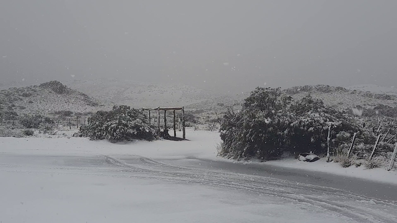 Nieva en el acceso sur a la ciudad de Malargüe